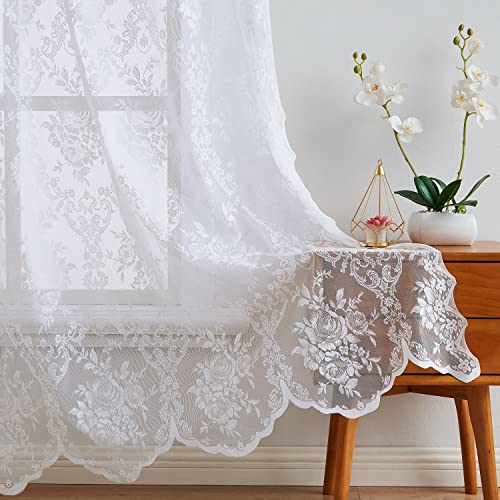 Warm Home Designs Pair of 2 White Color Extra Short Length 54” (W) x 108” (L) Semi Sheer Lace Curtain Panels & Attached Valances with 6 Tassels. Classic Elegant English Rose Pattern. L White 108”