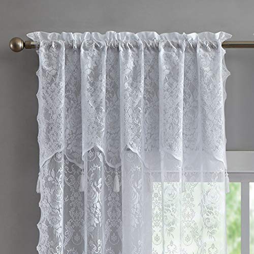 Warm Home Designs Pair of 2 White Color Extra Short Length 54” (W) x 108” (L) Semi Sheer Lace Curtain Panels & Attached Valances with 6 Tassels. Classic Elegant English Rose Pattern. L White 108”