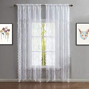 Warm Home Designs Pair of 2 White Color Extra Short Length 54” (W) x 108” (L) Semi Sheer Lace Curtain Panels & Attached Valances with 6 Tassels. Classic Elegant English Rose Pattern. L White 108”