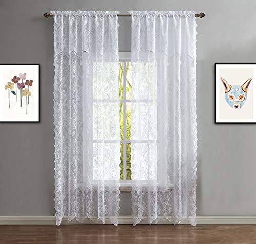 Warm Home Designs Pair of 2 White Color Extra Short Length 54” (W) x 108” (L) Semi Sheer Lace Curtain Panels & Attached Valances with 6 Tassels. Classic Elegant English Rose Pattern. L White 108”