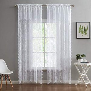 Warm Home Designs Pair of 2 White Color Extra Short Length 54” (W) x 108” (L) Semi Sheer Lace Curtain Panels & Attached Valances with 6 Tassels. Classic Elegant English Rose Pattern. L White 108”