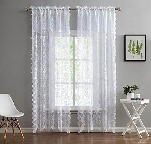 Warm Home Designs Pair of 2 White Color Extra Short Length 54” (W) x 108” (L) Semi Sheer Lace Curtain Panels & Attached Valances with 6 Tassels. Classic Elegant English Rose Pattern. L White 108”