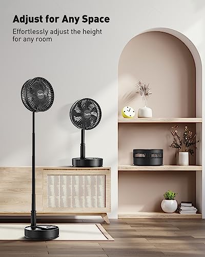 7200mAh Battery Powered Oscillating Fan, 8" Rechargeable Foldaway Fan, 12H Working Time, Height Adjustment, 4 Speeds, Remote Control, Portable Standing Fan for RV, Travel, Camping, Desk, Home, Outdoor