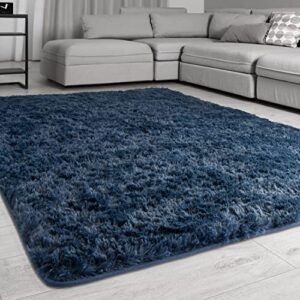 signature loom fluffy shaggy area rug 8x10 – soft fuzzy velvet rugs for girls bedroom – shaggy carpet for kids room with non-slip bottom – soft fluffy throw rug indoor living room carpet, navy blue