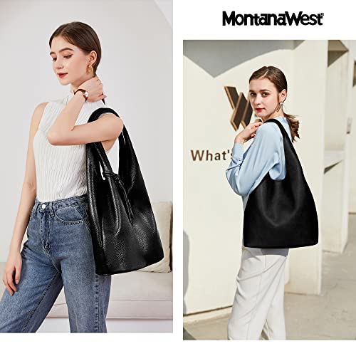 Montana West Hobo Purses and Handbags for Women Vegan Leather Shoulder Bag Top Handle Tote Purse Set 2 pcs with Tassels,Black MWC2-079BK