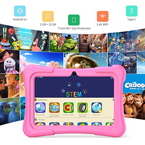 PRITOM Tablet for Kids, 7 inch Kids Tablets with WiFi, 32GB ROM, 2GB RAM, Bluetooth, Camera, Parental Control, Pre-Installed APPs, Games, Learning Educational Toddler Tablet with Case, Pink