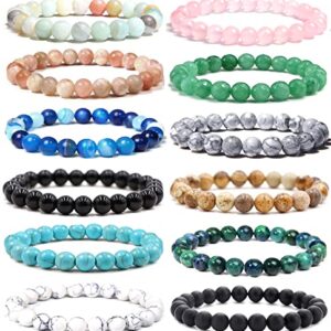 Jewdreamer 12Pcs 8mm Semi-Precious Gemstone Bracelet Healing Crystal Stone Beaded Bracelets for Women Men Unisex Adjustable Bead Stretch Bracelets Set