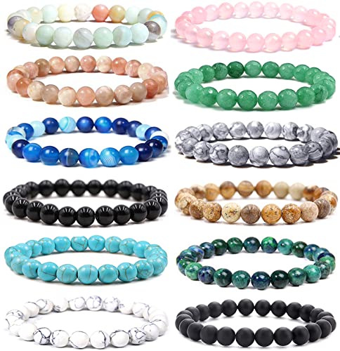 Jewdreamer 12Pcs 8mm Semi-Precious Gemstone Bracelet Healing Crystal Stone Beaded Bracelets for Women Men Unisex Adjustable Bead Stretch Bracelets Set