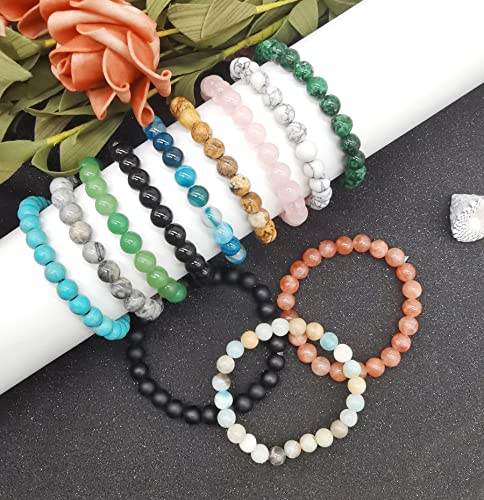 Jewdreamer 12Pcs 8mm Semi-Precious Gemstone Bracelet Healing Crystal Stone Beaded Bracelets for Women Men Unisex Adjustable Bead Stretch Bracelets Set