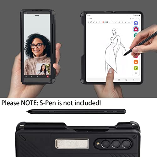 Cavor Designed for Samsung Galaxy Z Fold 3 Case with S Pen Holder and Magnetic Kickstand Feature,Full Body Protective Anti-Scratch Anti-Drop Wear-Resistant PC Material Hard Flip Cover- Black