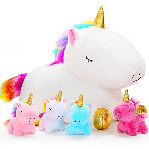 KMUYSL Unicorn Mommy Stuffed Animal with 4 Babies - Soft Plush Toy Set for Ages 3-8, Perfect Valentines & Birthday Gifts