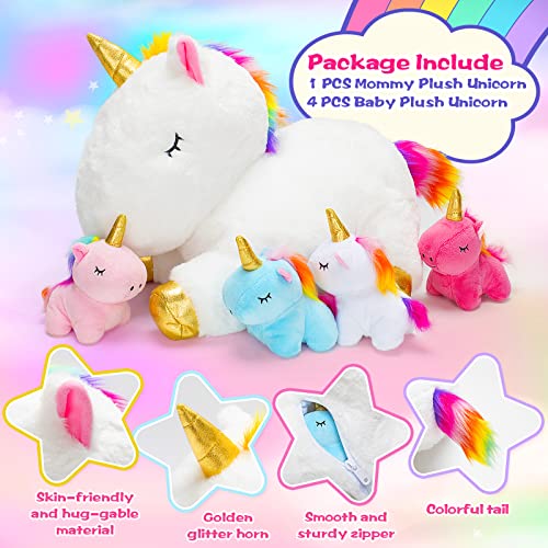 KMUYSL Unicorn Mommy Stuffed Animal with 4 Babies - Soft Plush Toy Set for Ages 3-8, Perfect Valentines & Birthday Gifts