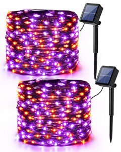 brizled orange & purple halloween lights, 39.37ft 120 led orange lights, purple solar halloween lights 8 modes, outdoor twinkle orange halloween string lights for halloween party diy decor, black wire