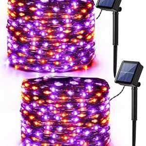 Brizled Orange & Purple Halloween Lights, 39.37ft 120 LED Orange Lights, Purple Solar Halloween Lights 8 Modes, Outdoor Twinkle Orange Halloween String Lights for Halloween Party DIY Decor, Black Wire