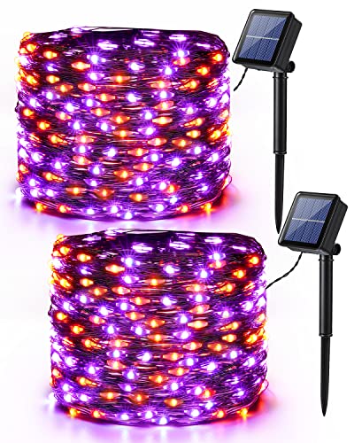 Brizled Orange & Purple Halloween Lights, 39.37ft 120 LED Orange Lights, Purple Solar Halloween Lights 8 Modes, Outdoor Twinkle Orange Halloween String Lights for Halloween Party DIY Decor, Black Wire