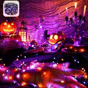 Brizled Orange & Purple Halloween Lights, 39.37ft 120 LED Orange Lights, Purple Solar Halloween Lights 8 Modes, Outdoor Twinkle Orange Halloween String Lights for Halloween Party DIY Decor, Black Wire