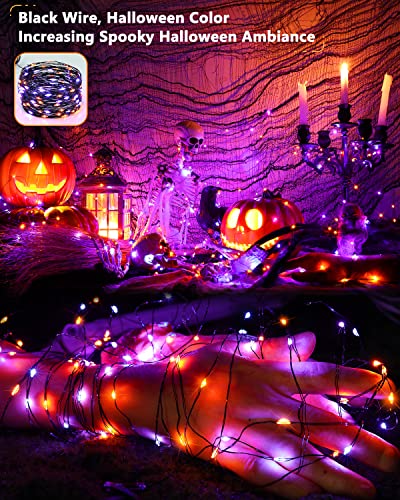 Brizled Orange & Purple Halloween Lights, 39.37ft 120 LED Orange Lights, Purple Solar Halloween Lights 8 Modes, Outdoor Twinkle Orange Halloween String Lights for Halloween Party DIY Decor, Black Wire