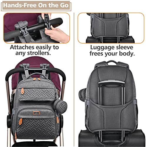 BabbleRoo Diaper Bag Backpack, Unisex Bags with Changing Pad, Pacifier Case & Stroller Straps, Multifunction Waterproof Travel Back Pack for Boys Girls, Dark Gray