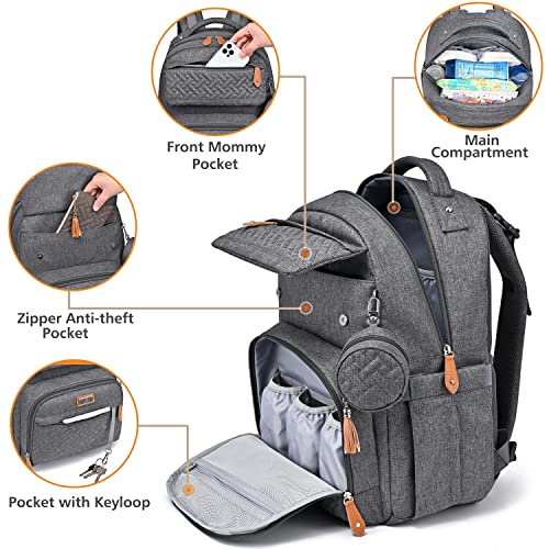 BabbleRoo Diaper Bag Backpack, Unisex Bags with Changing Pad, Pacifier Case & Stroller Straps, Multifunction Waterproof Travel Back Pack for Boys Girls, Dark Gray