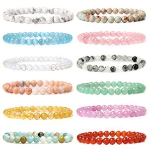 svovin 12pcs gemstone 6mm semi precious round beaded bracelet set for women men healing crystal stretch energy stone bead bracelets jewelry