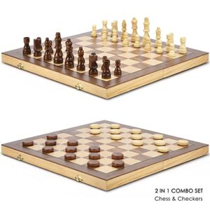 AMEROUS 15'' Magnetic Wooden Chess & Checkers Game Set -2 Extra Queens -24 Cherkers Pieces - Chessmen Storage Slots, Beginner Chess Set for Kids and Adults, Classic 2 in 1 Board Games