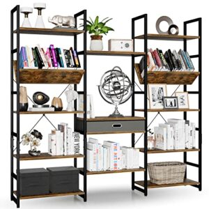 numenn triple wide 5 tier bookshelf, adjustable rustic industrial style book shelves, modern bookcases and bookshelves furniture for bedroom, living room and home office, vintage brown