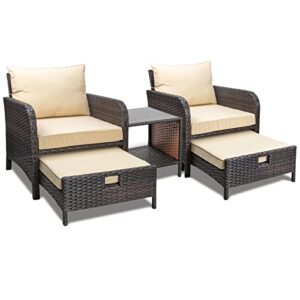 leveleve balcony furniture 5 piece patio conversation set, pe wicker rattan outdoor lounge chairs with soft cushions 2 ottoman&glass table for porch, lawn-brown wicker