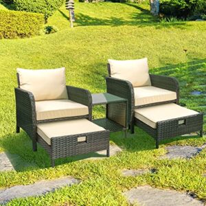 LEVELEVE Balcony Furniture 5 Piece Patio Conversation Set, PE Wicker Rattan Outdoor Lounge Chairs with Soft Cushions 2 Ottoman&Glass Table for Porch, Lawn-Brown Wicker