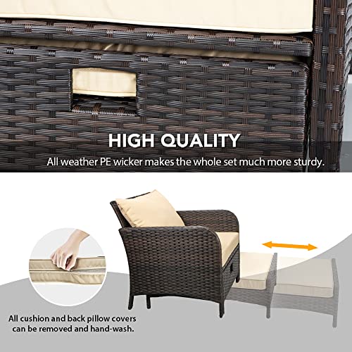 LEVELEVE Balcony Furniture 5 Piece Patio Conversation Set, PE Wicker Rattan Outdoor Lounge Chairs with Soft Cushions 2 Ottoman&Glass Table for Porch, Lawn-Brown Wicker