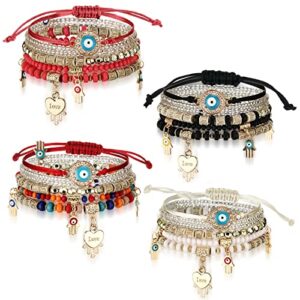 4 sets bohemian stretch beads bracelets multilayer evil eye hamsa hand bracelet bohemian bracelet handmade stackable charm bracelets for women lucky protection beaded hamsa bracelet (bright colors)