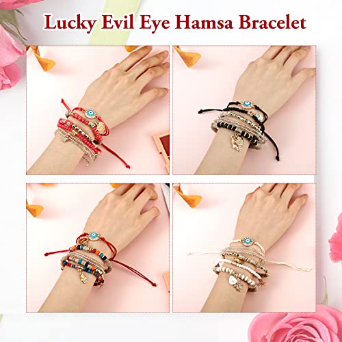 4 Sets Bohemian Stretch Beads Bracelets Multilayer Evil Eye Hamsa Hand Bracelet Bohemian Bracelet Handmade Stackable Charm Bracelets for Women Lucky Protection Beaded Hamsa Bracelet (Bright Colors)