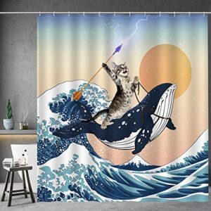 aimego funny shower curtain brave cat holding trident arrow riding shark in ocean wave, whale cat shower curtain set with 12 hooks for bathroom decor accessories bathtub curtain, 72"x72"