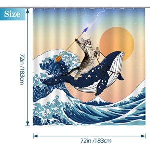 Aimego Funny Shower Curtain Brave Cat Holding Trident Arrow Riding Shark in Ocean Wave, Whale Cat Shower Curtain Set with 12 Hooks for Bathroom Decor Accessories Bathtub Curtain, 72"x72"