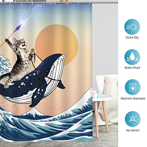 Aimego Funny Shower Curtain Brave Cat Holding Trident Arrow Riding Shark in Ocean Wave, Whale Cat Shower Curtain Set with 12 Hooks for Bathroom Decor Accessories Bathtub Curtain, 72"x72"