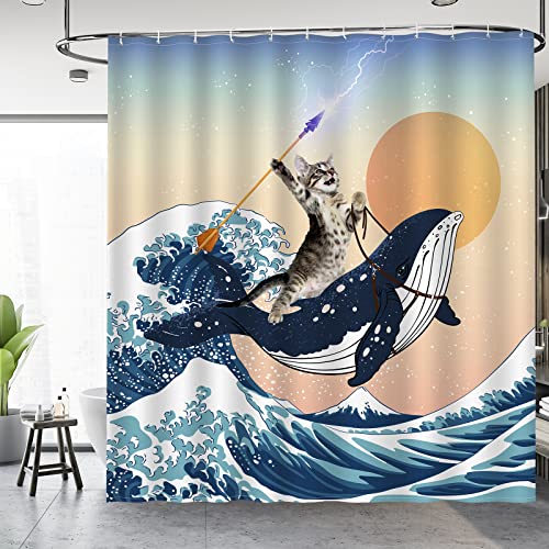 Aimego Funny Shower Curtain Brave Cat Holding Trident Arrow Riding Shark in Ocean Wave, Whale Cat Shower Curtain Set with 12 Hooks for Bathroom Decor Accessories Bathtub Curtain, 72"x72"