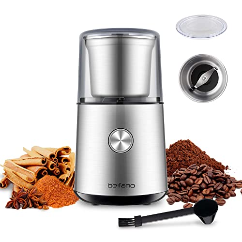 Befano Coffee Bean Grinder Electric, 2.8oz Large Capacity Spice and Nut Grinder, Espresso Grinder with Removable Cups and Stainless Steel blade, Easy to Clean,180W High Power - Brushed Silver