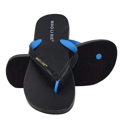 MAO LI XIE Men's Summer Beach Flip Flops Two Colors Slippers PVC Smooth Thongs Sandals (9, Black/Blue, numeric_9)