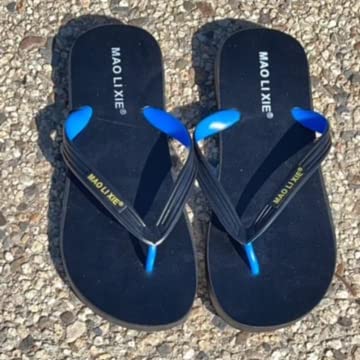 MAO LI XIE Men's Summer Beach Flip Flops Two Colors Slippers PVC Smooth Thongs Sandals (9, Black/Blue, numeric_9)