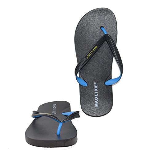 MAO LI XIE Men's Summer Beach Flip Flops Two Colors Slippers PVC Smooth Thongs Sandals (9, Black/Blue, numeric_9)