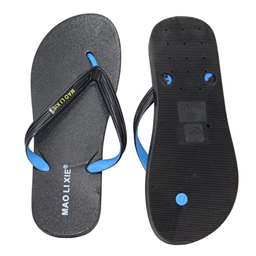 MAO LI XIE Men's Summer Beach Flip Flops Two Colors Slippers PVC Smooth Thongs Sandals (9, Black/Blue, numeric_9)