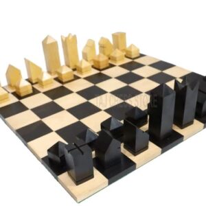 TAJ CHESS STORE Combo Wooden Chess Set- Modern Pyramid Style Wooden Chess Set Pieces Only With 12 Solid Inlaid Roll Up Ebony Wood Chess Board