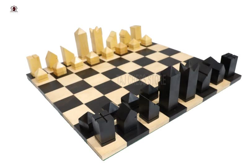 TAJ CHESS STORE Combo Wooden Chess Set- Modern Pyramid Style Wooden Chess Set Pieces Only With 12 Solid Inlaid Roll Up Ebony Wood Chess Board