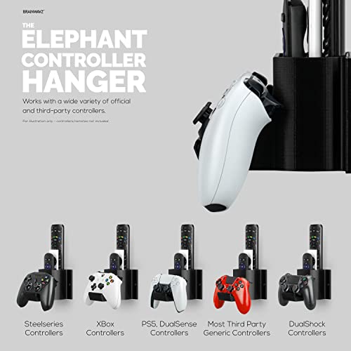 BRAINWAVZ The Elephant - Game Controller & TV Remote Control Wall Mount Holder, Adhesive & Screw In, Universal Design for Xbox ONE PS5 PS4 PC Gamepads, Reduce Clutter