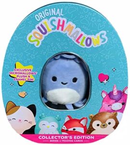 squishmallows official kellytoy collector's tin set with micromallow exclusive pin and trading cads choose your favorite or collect them all (stacy the squid)