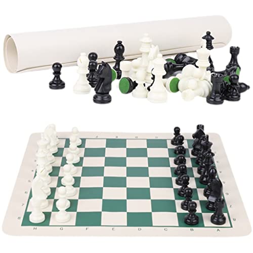 LICHSY Chess Set Gift Roll Up Chess Mat and Chess Pieces Set, Tournament Chess Pieces, Green Vinyl Travel Chess Mat Chess Board Game