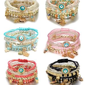 MILACOLATO Bohemian Bead Bracelets Set, Multilayer Evil Eye Stackable Bracelets, Comfort-Fit Stretch Bracelets for Women Girls, 6 Sets