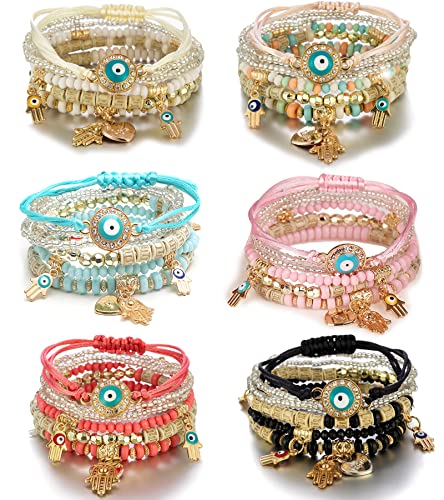 MILACOLATO Bohemian Bead Bracelets Set, Multilayer Evil Eye Stackable Bracelets, Comfort-Fit Stretch Bracelets for Women Girls, 6 Sets