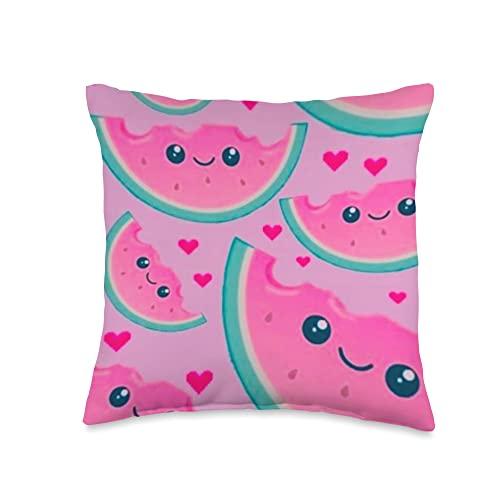 Cute Kawaii Watermelon Faces Aesthetic Fruit Pink Cartoons Throw Pillow, 16x16, Multicolor