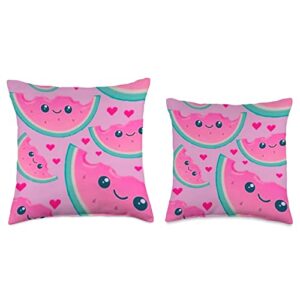 Cute Kawaii Watermelon Faces Aesthetic Fruit Pink Cartoons Throw Pillow, 16x16, Multicolor