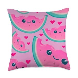 cute kawaii watermelon faces aesthetic fruit pink cartoons throw pillow, 18x18, multicolor